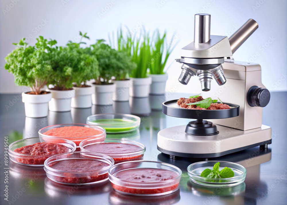 Microscope and petri dishes surround a sample of plant-based meat on a ...