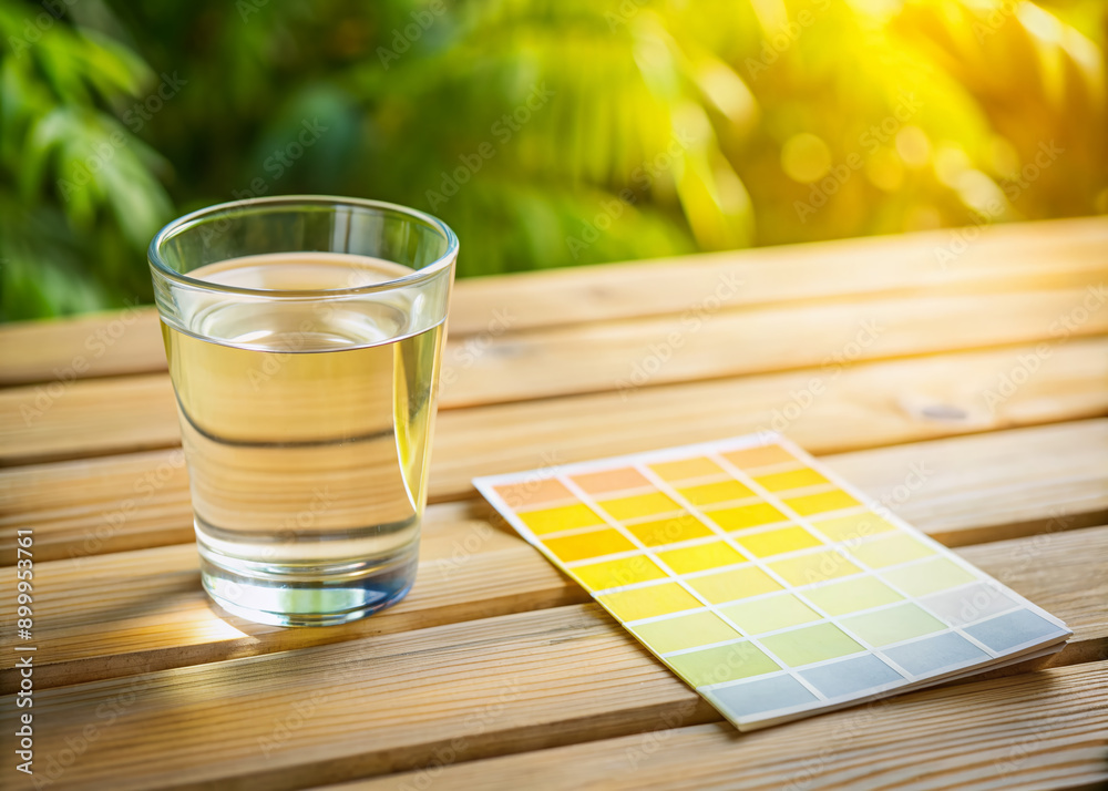 Glass of water and urine color chart on a sunny wooden table ...