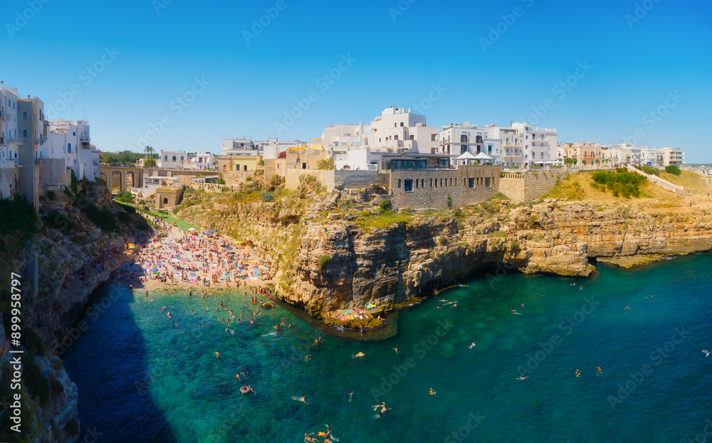 Polignano a Mare, Italy. Beach between the rocks. Panoramic view of the ...