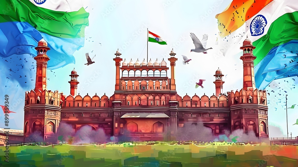Artistic rendering of the historic Red Fort with doves and Indian flags ...