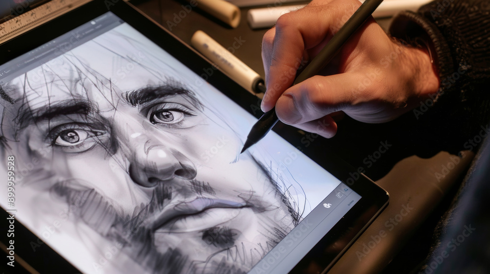 Include elements of digital drawing, with an artist using a tablet and ...