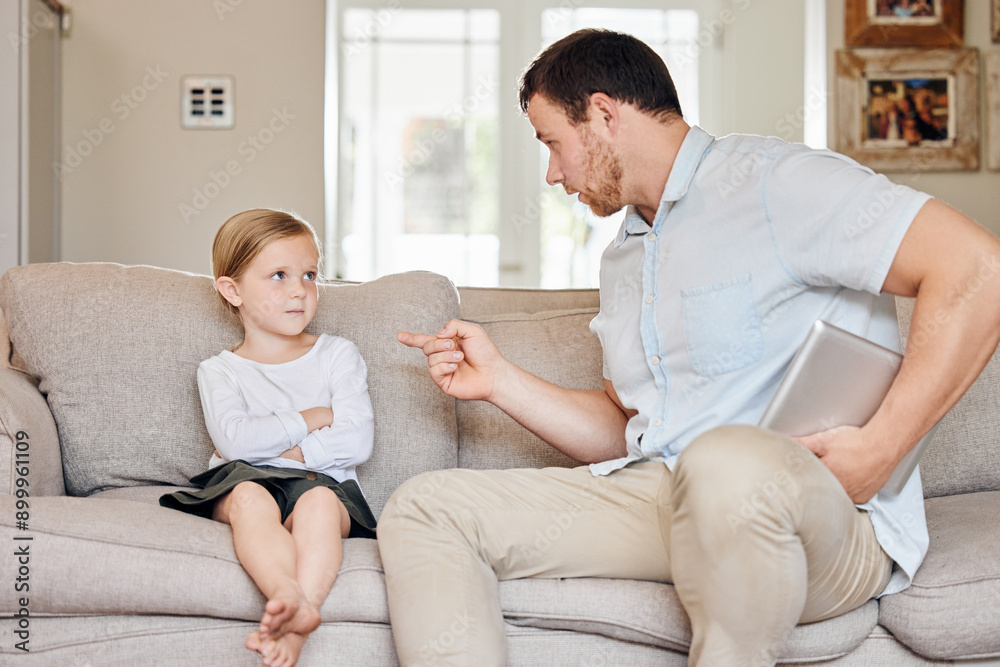 Discipline, child and dad with tablet on sofa for bad behaviour, no ...