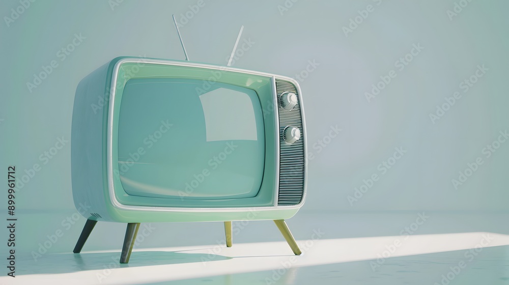 Teal retro television set with rounded edges in a minimalist setting ...