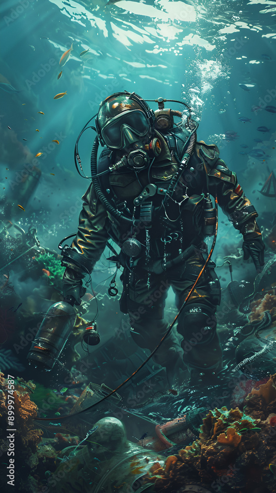 Scuba diver surrounded by garbage, trash and plastic, in the ocean ...