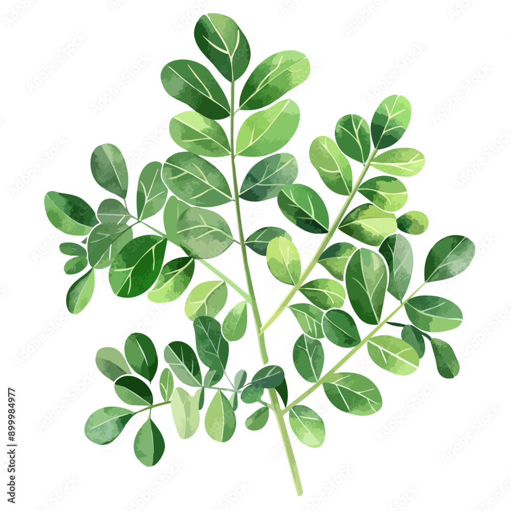 Watercolor moringa leaf, Green branch with leaves hand drawn watercolor ...