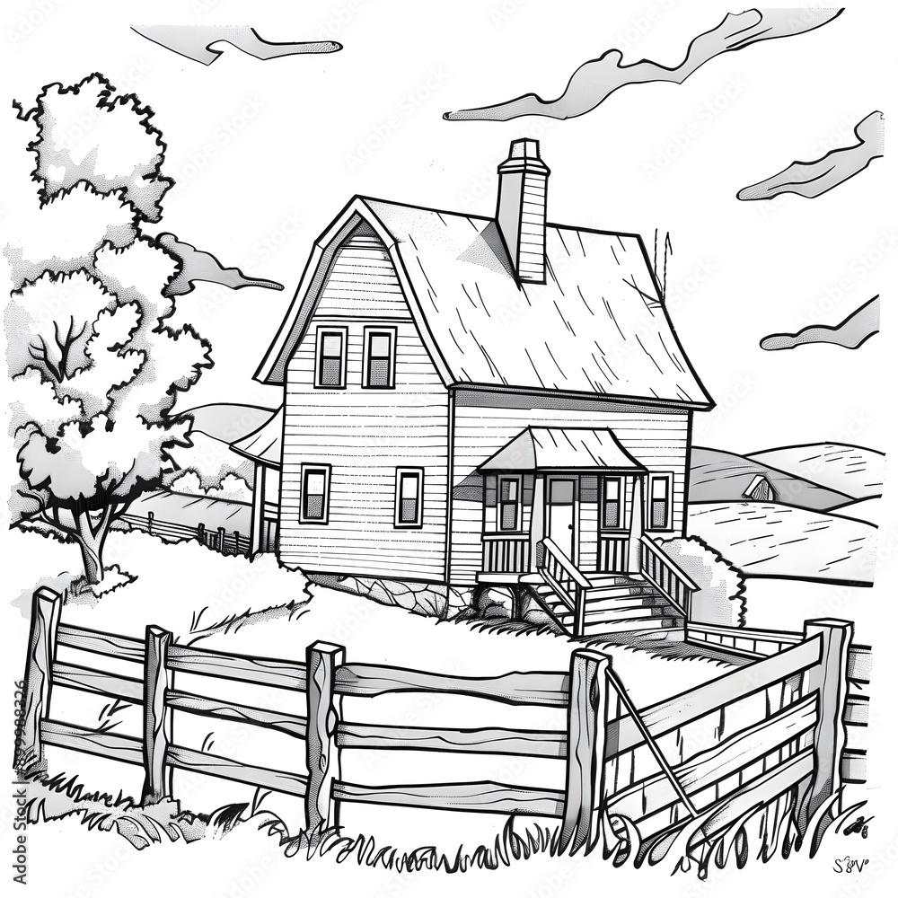 Farm house coloring page for children and adults, fairy tale. Stress ...