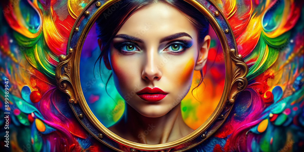 Vibrant colors swirl around a woman's reflected face, her bright eyes ...