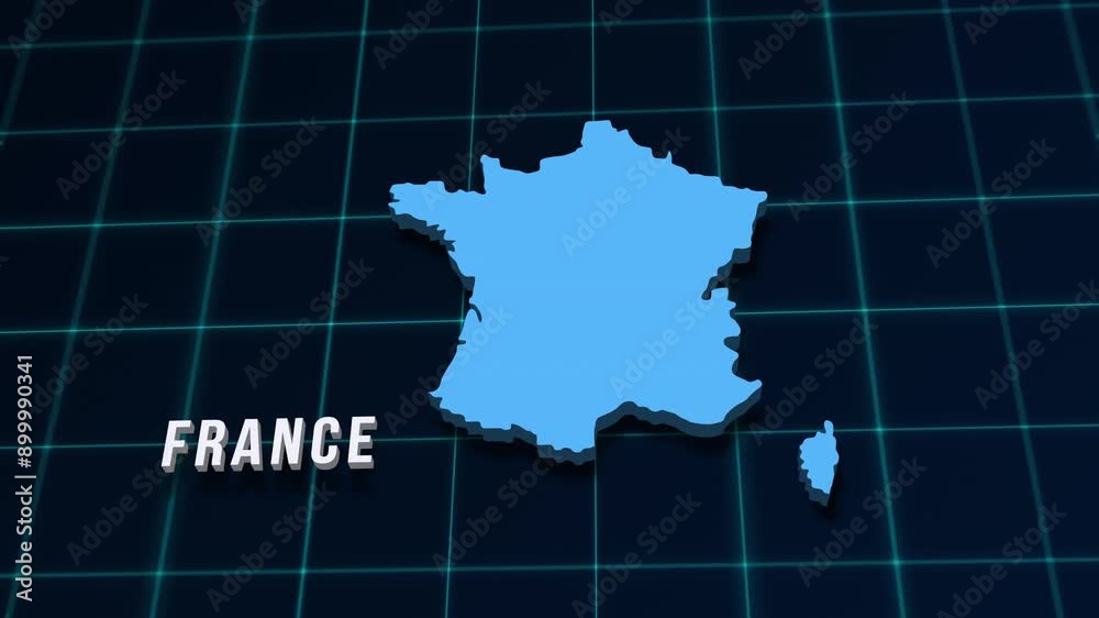 France digital geographic map 3d video on coordinates blue grid ...