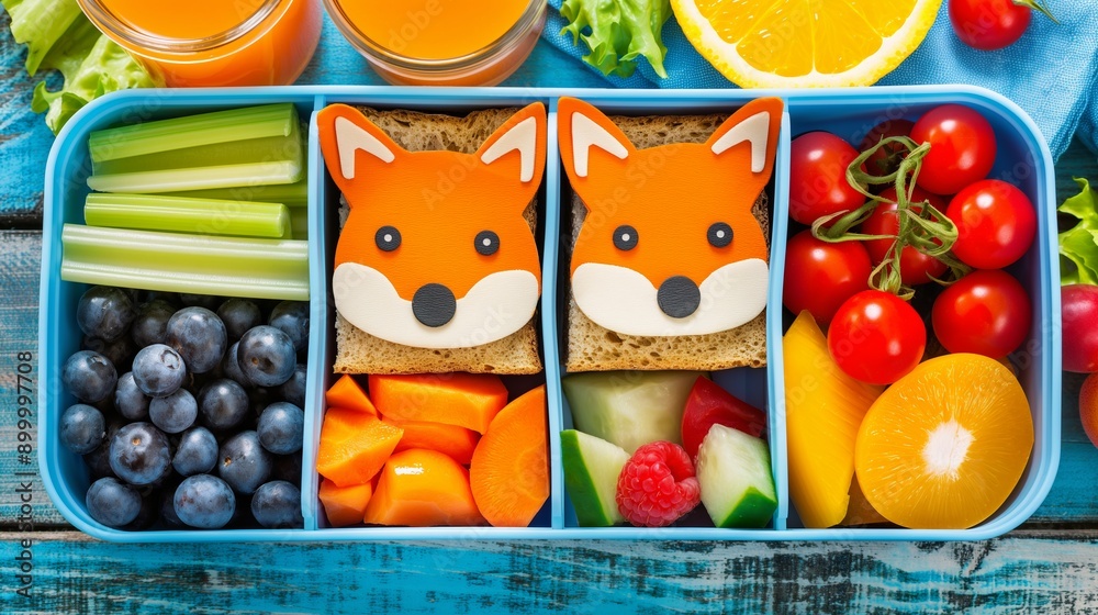 A blue lunch box with a fox on it and a variety of fruits and ...