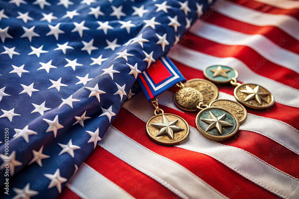 American flag waving in the wind, backdrop of military medals and ...