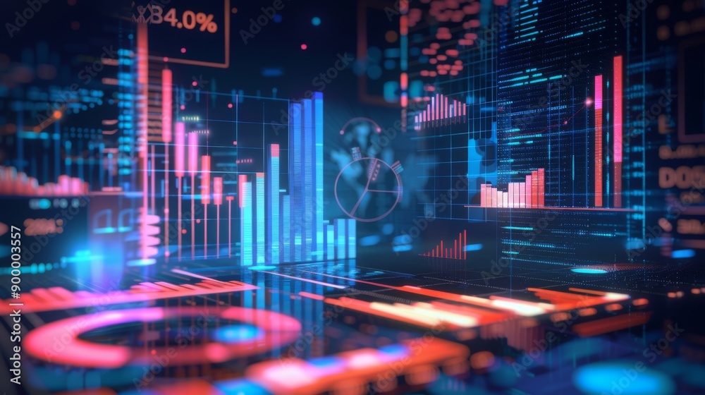 A dynamic display of colorful digital charts and graphs overlays a ...