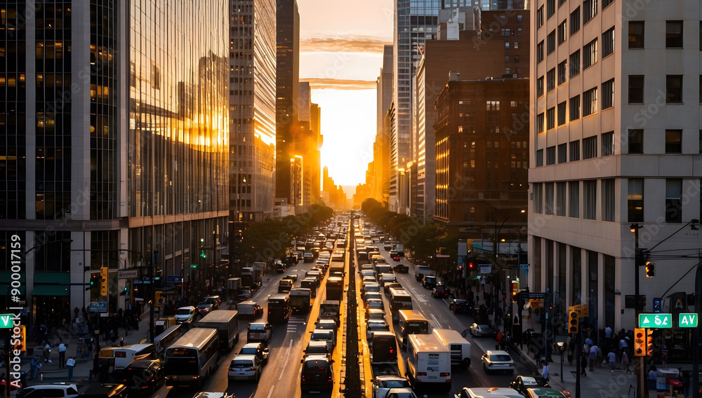 Sunset Glows on Cityscape with Traffic Jam and Pedestrians Stock Photo ...