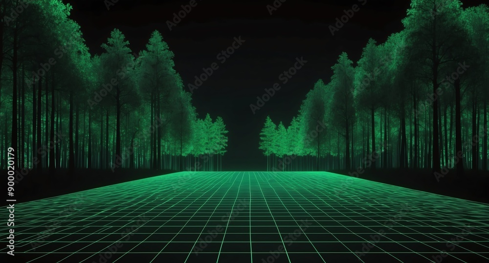 digital forest landscape green grid lines hologram projection on plain black background with ...