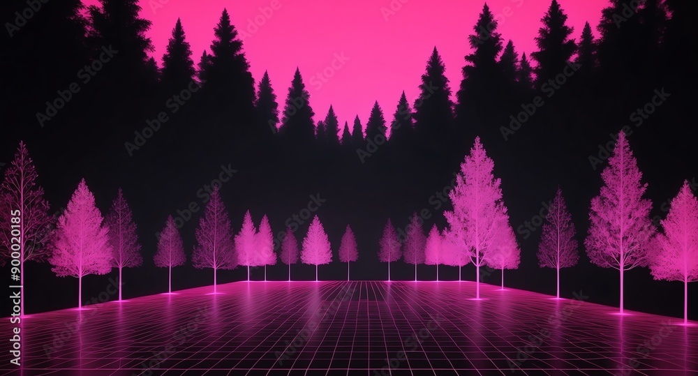 digital forest landscape pink grid lines hologram projection on plain ...