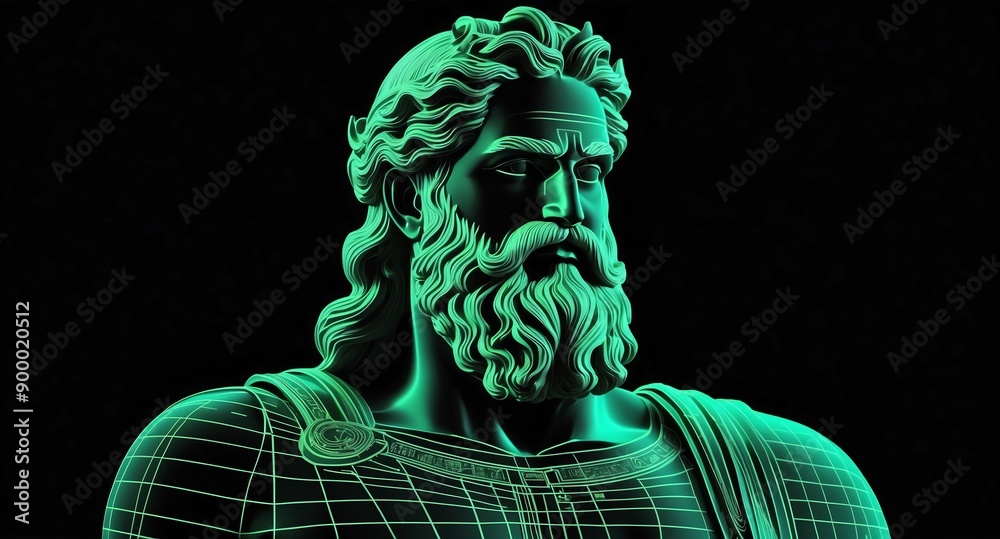 green theme greek god zeus statue grid lines hologram projection on ...