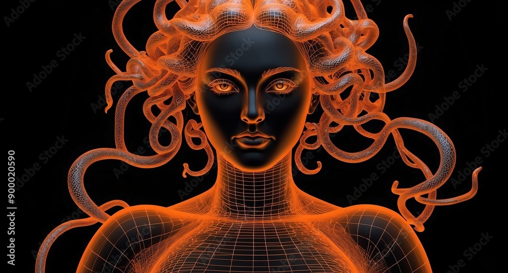 orange theme medusa statue grid lines hologram projection on plain ...