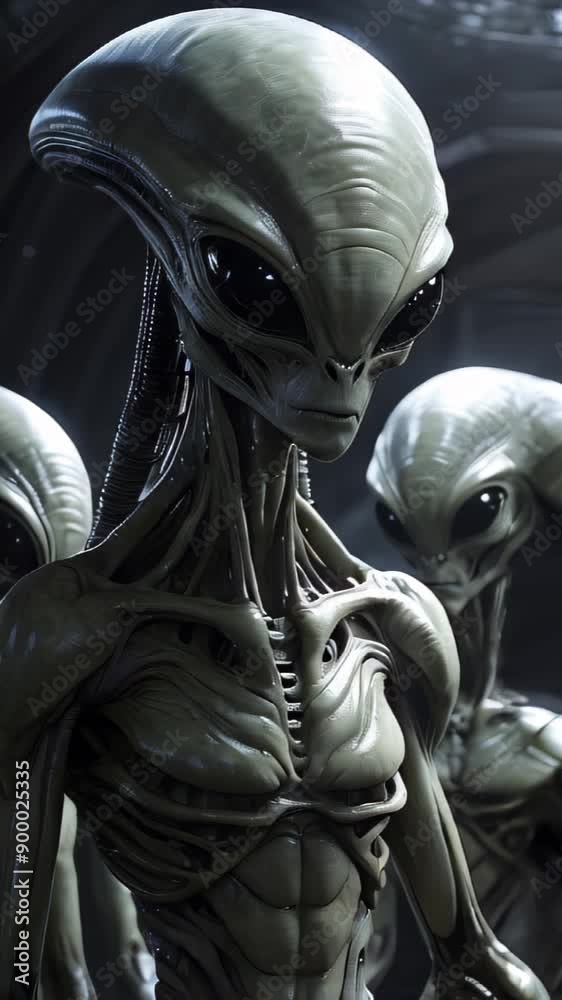 aliens with elongated heads and dark sleek bodies standing against ...