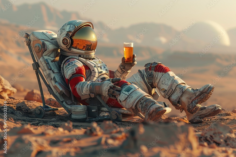 Astronaut Sitting in Lawn Chair on Surface of Mars, Holding Beer Glass ...