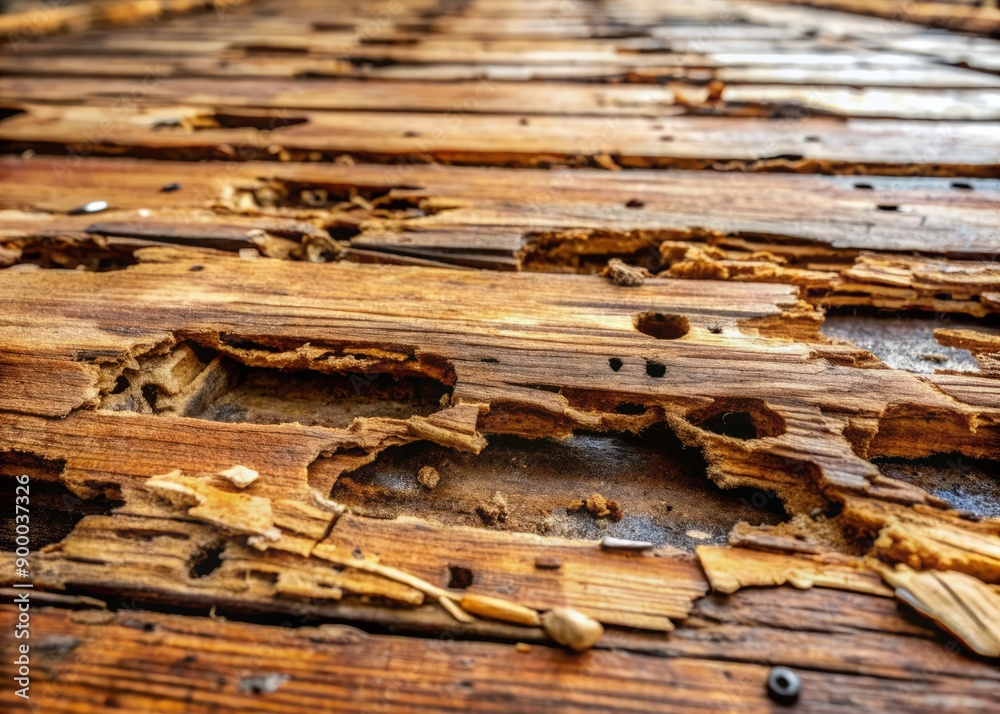 Close-up of a severely damaged wooden floorboard with noticeable ...