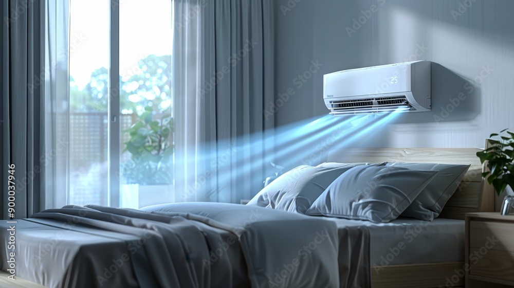 Air conditioner releasing cool blue air effect into modern bedroom with ...