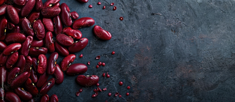 Top down view of red beans on a dark backdrop with copy space for an ...