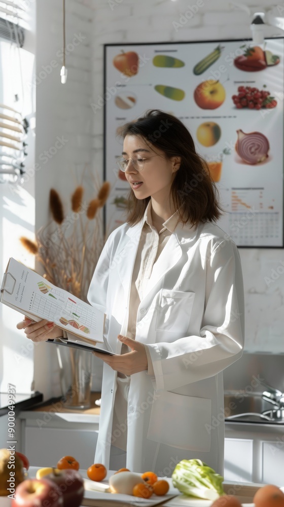 Female dietitian holding a clipboard with a food chart in a brightly ...