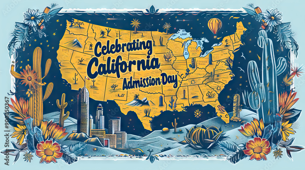 California Admission Day banner background featuring a yellow map of ...