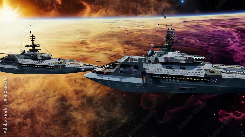 Wide shot: Futuristic spaceships cruise through vibrant cosmic nebula ...
