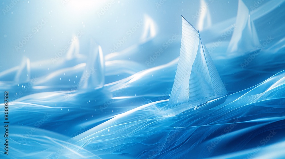 Minimalist sailing boats and sails with wave patterns and triangular ...