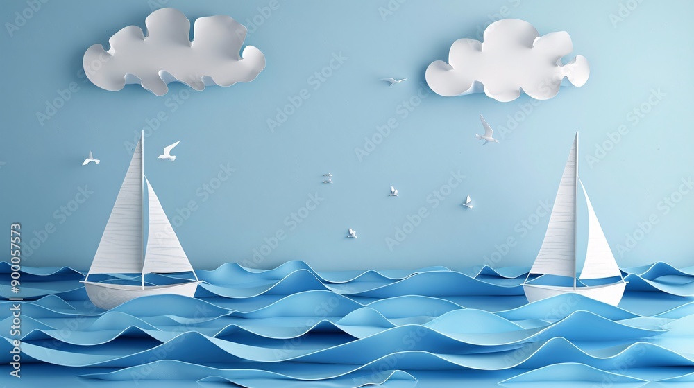 Minimalist sailing boats and sails with wave patterns and triangular ...