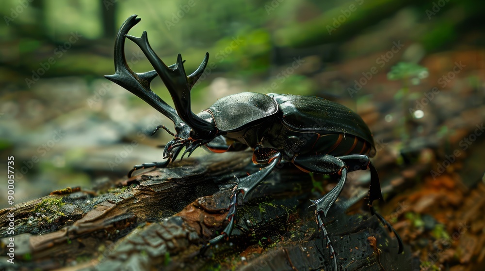 A stag beetle with five horns on a fallen tree trunk, with a dynamic ...