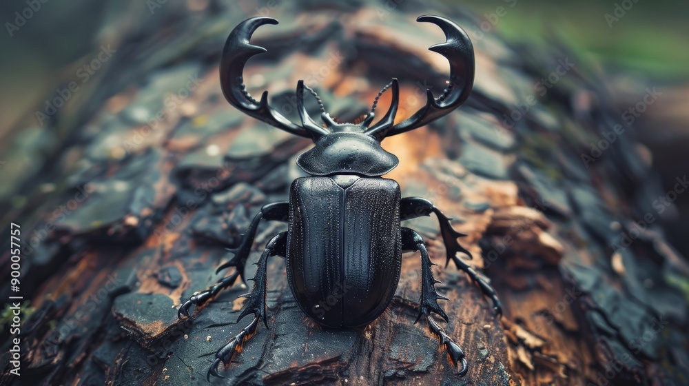 A stag beetle with five horns on a fallen tree trunk, with a dynamic ...
