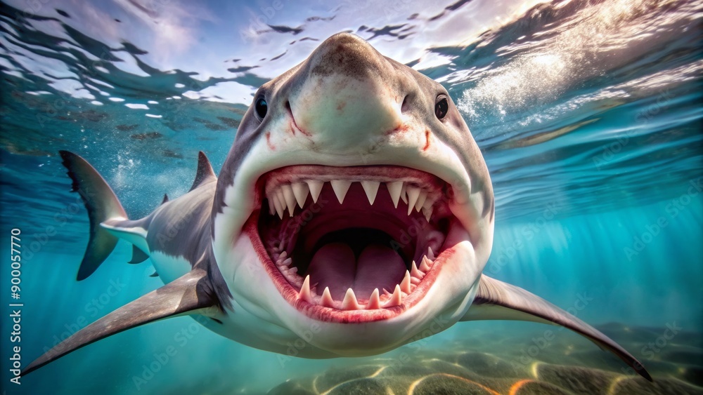 Fearsome predator's deadly grin: a shark's open mouth reveals rows of ...