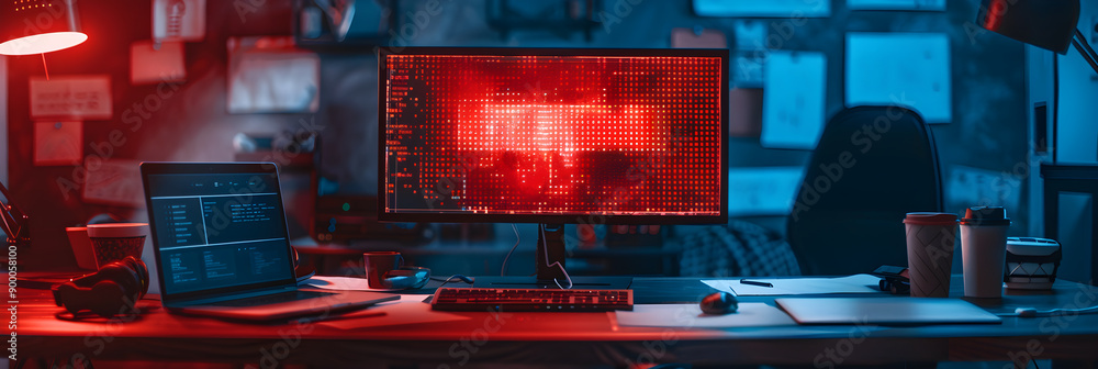 Critical System Failure: Red Error Message on Computer Screen in Dimly ...