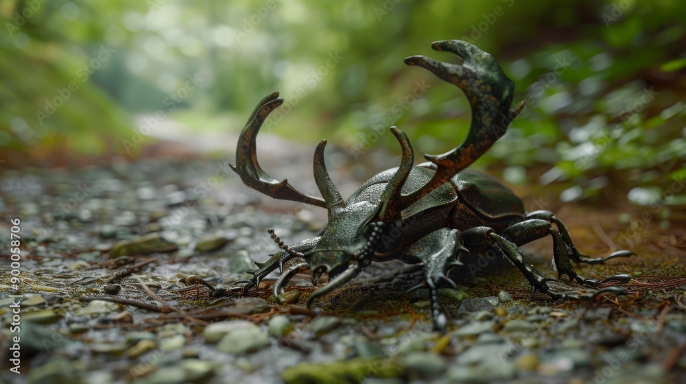 Detailed view of a stag beetle with five horns on a forest trail, with ...