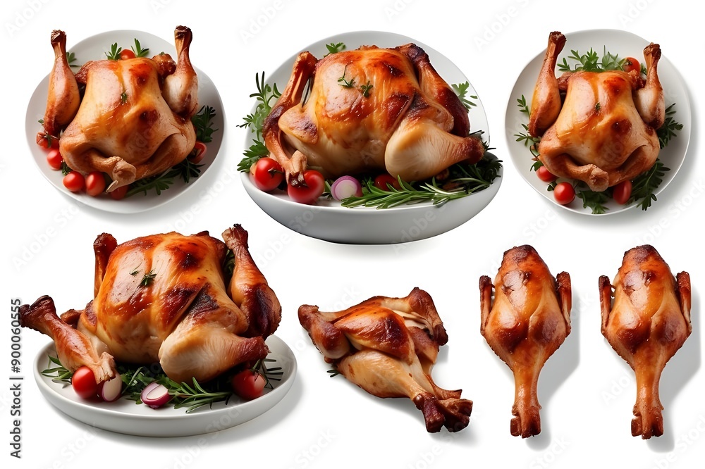 Set of Roasted grilled turkey chicken drumstick thigh on transparent ...