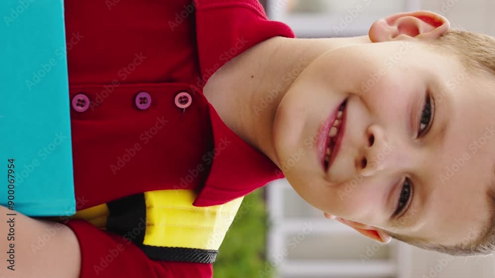 boy child kid schoolboy first grader backpack holding textbook book ...