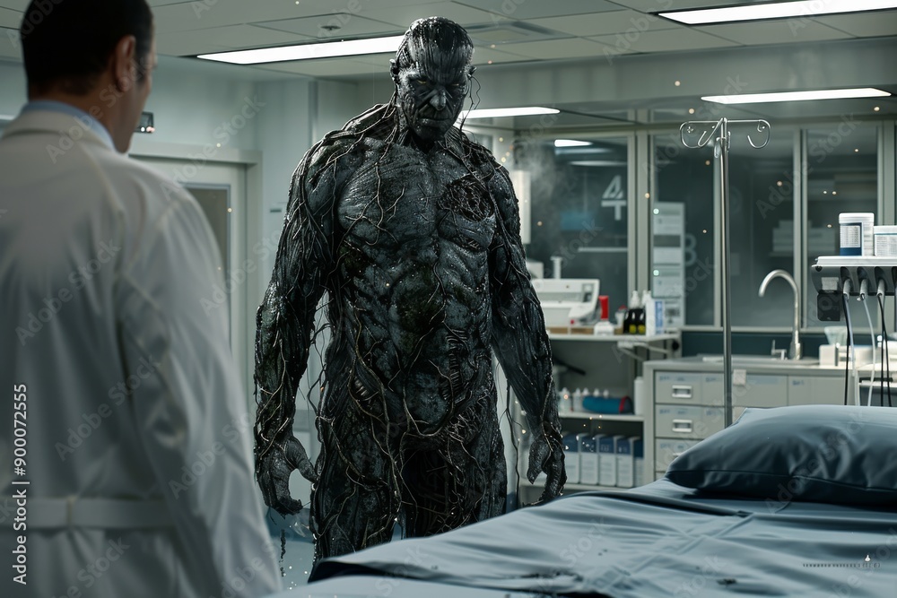 Scientist observing a metallic humanoid in a laboratory highlighting ...