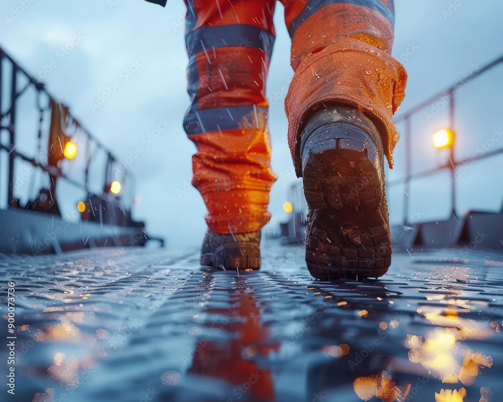 Construction Worker in Safety Gear Walking on Wet Surface, Industrial ...