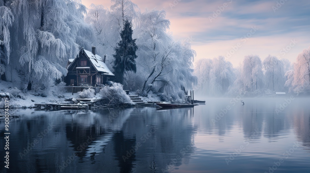 Winter frost-covered lakeside cabin, a rustic wooden cabin, with its ...