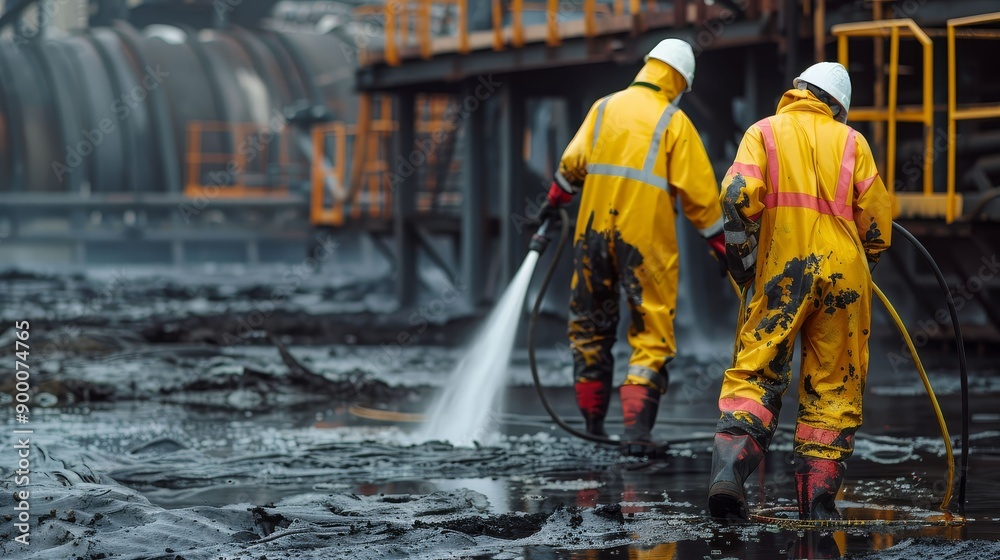 Chemical spill being cleaned up, safety procedures, environmental ...