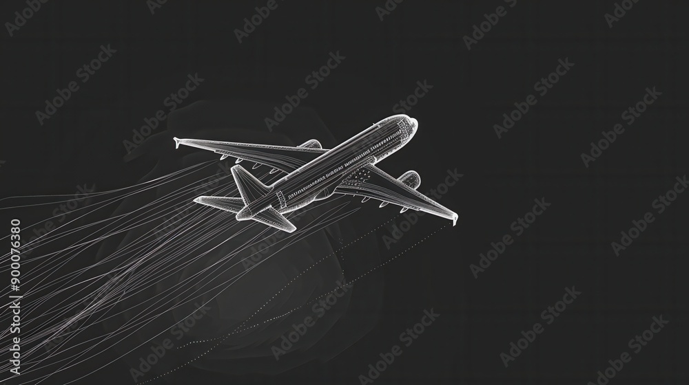 Pencil drawing of an airplane in the sky, white pencil sketch lines ...