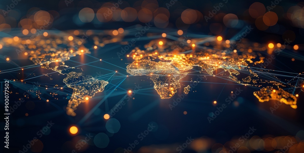 Digital map of the world with glowing connections between cities ...