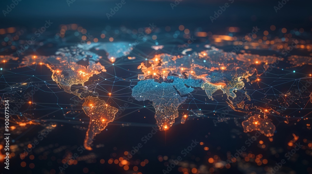 Digital map of the world with glowing connections between cities ...