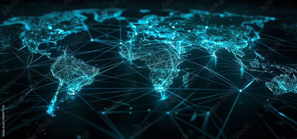 ภาพประกอบสต็อก Digital map of the world with glowing connections ...