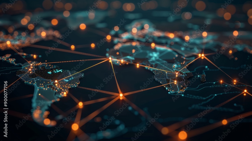 Digital map of the world with glowing connections between cities ...