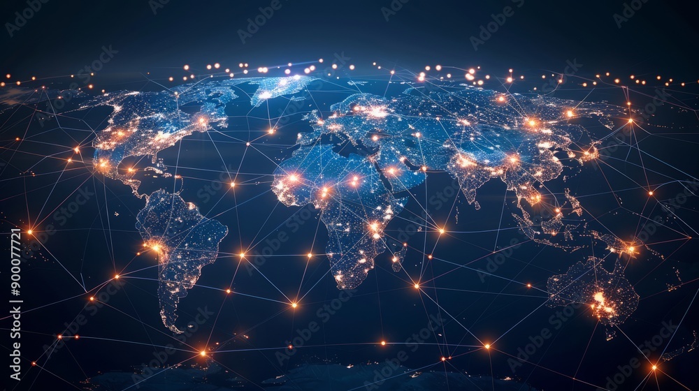 Digital map of the world with glowing connections between cities, representing global ...