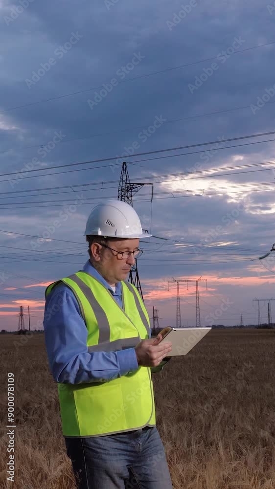 electrical engineer working digital tablet sunset, man helmet, high ...