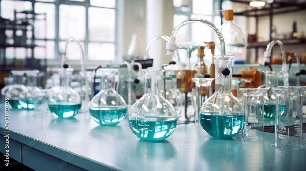 Lab glassware set up in a school classroom for scientific experiments ...