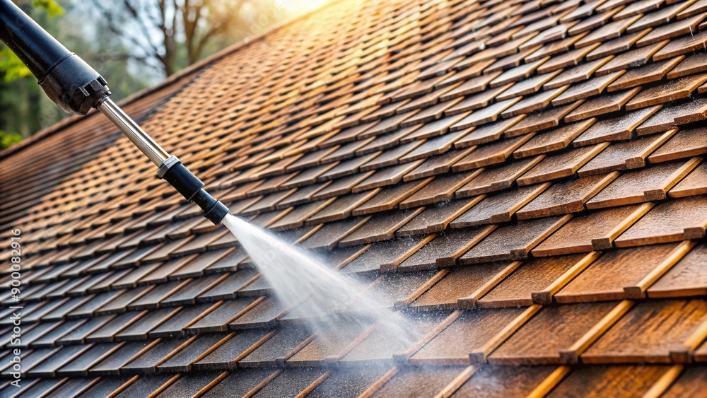 Foto de Up-close shot of a roof shingle cleaning process showcasing ...